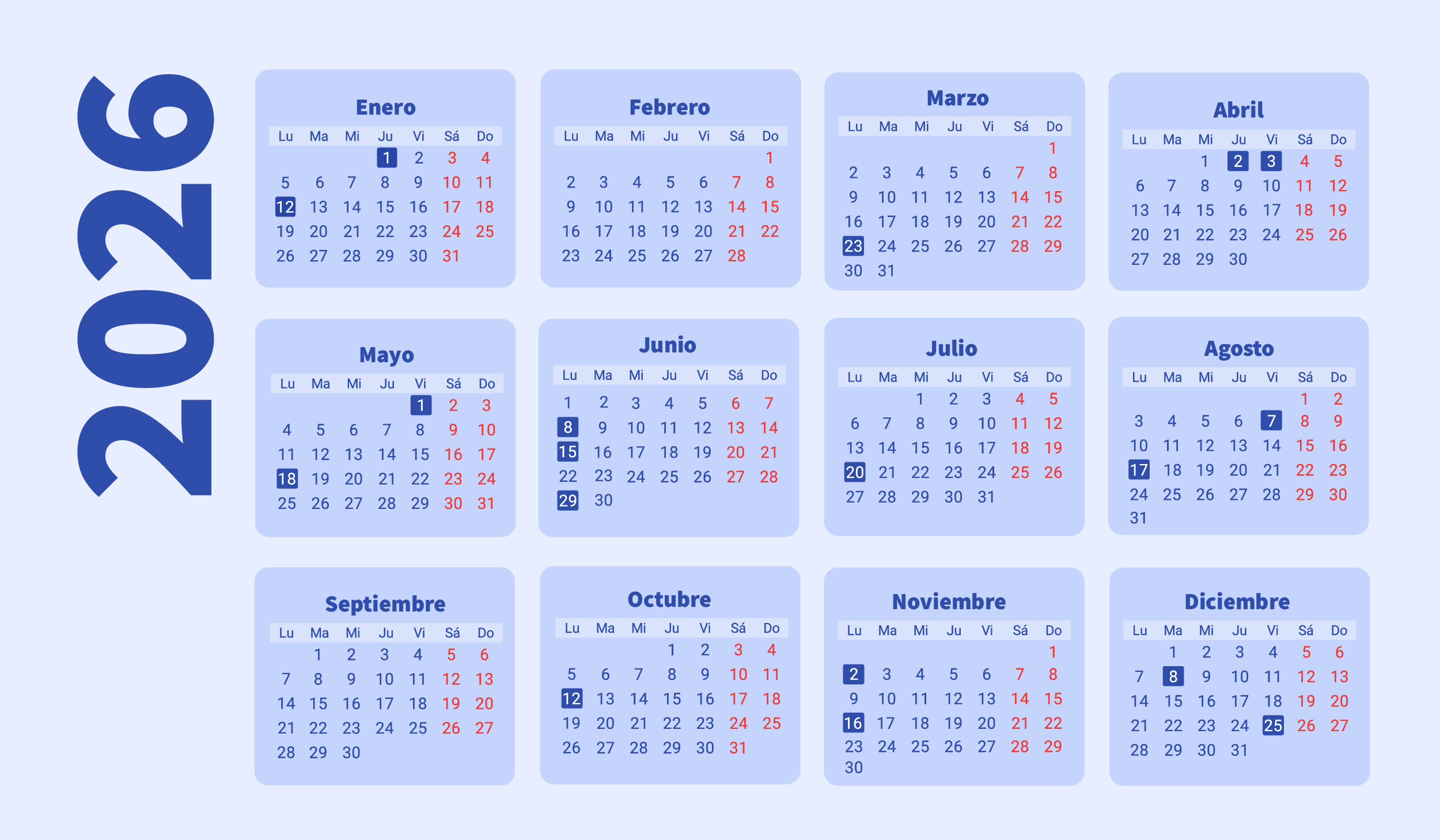 Calendario 2026 Colombia con festivos y recargos laborales